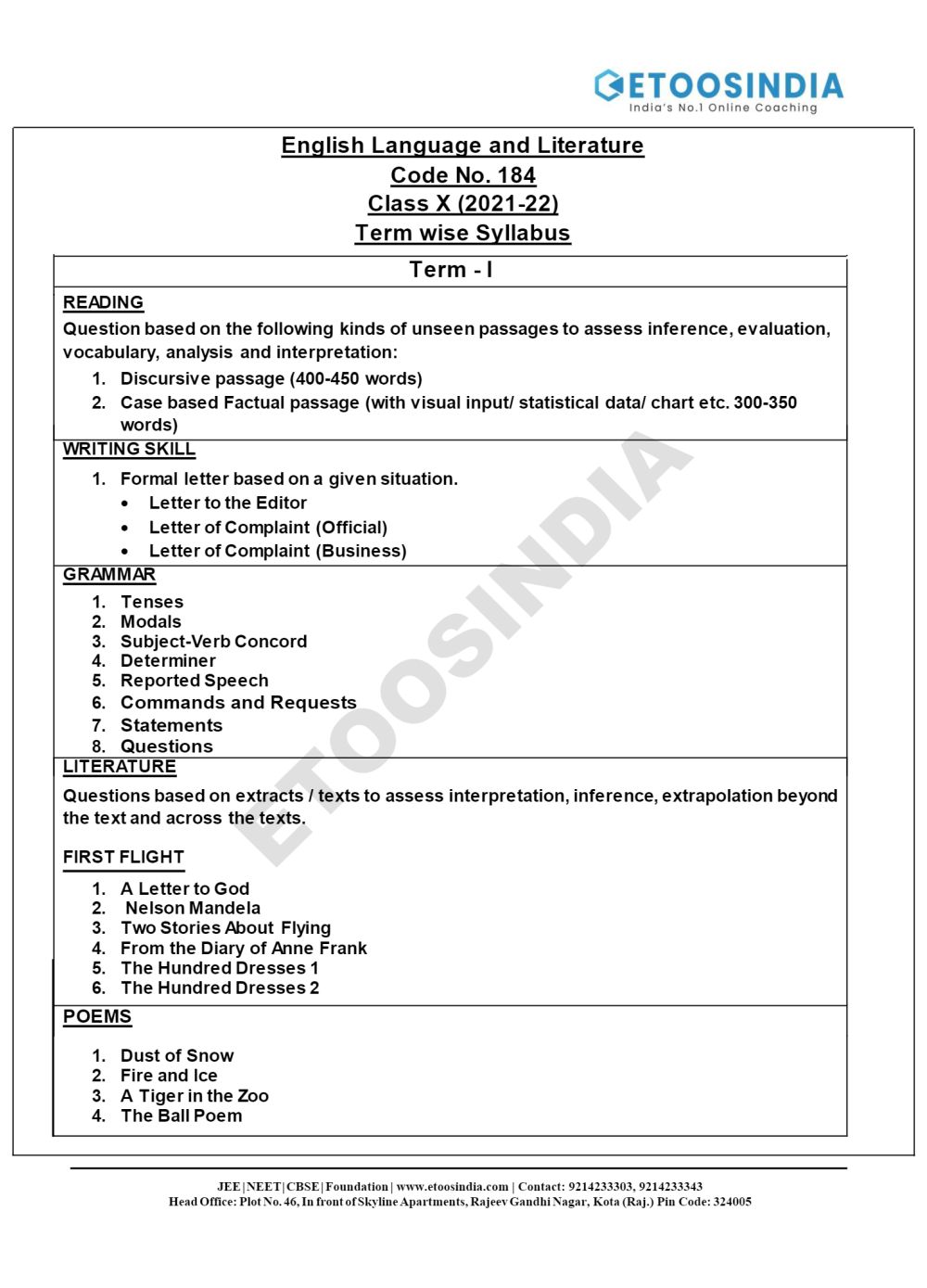 CBSE Class 10 English Syllabus Pdf Download 2023 EtoosIndia