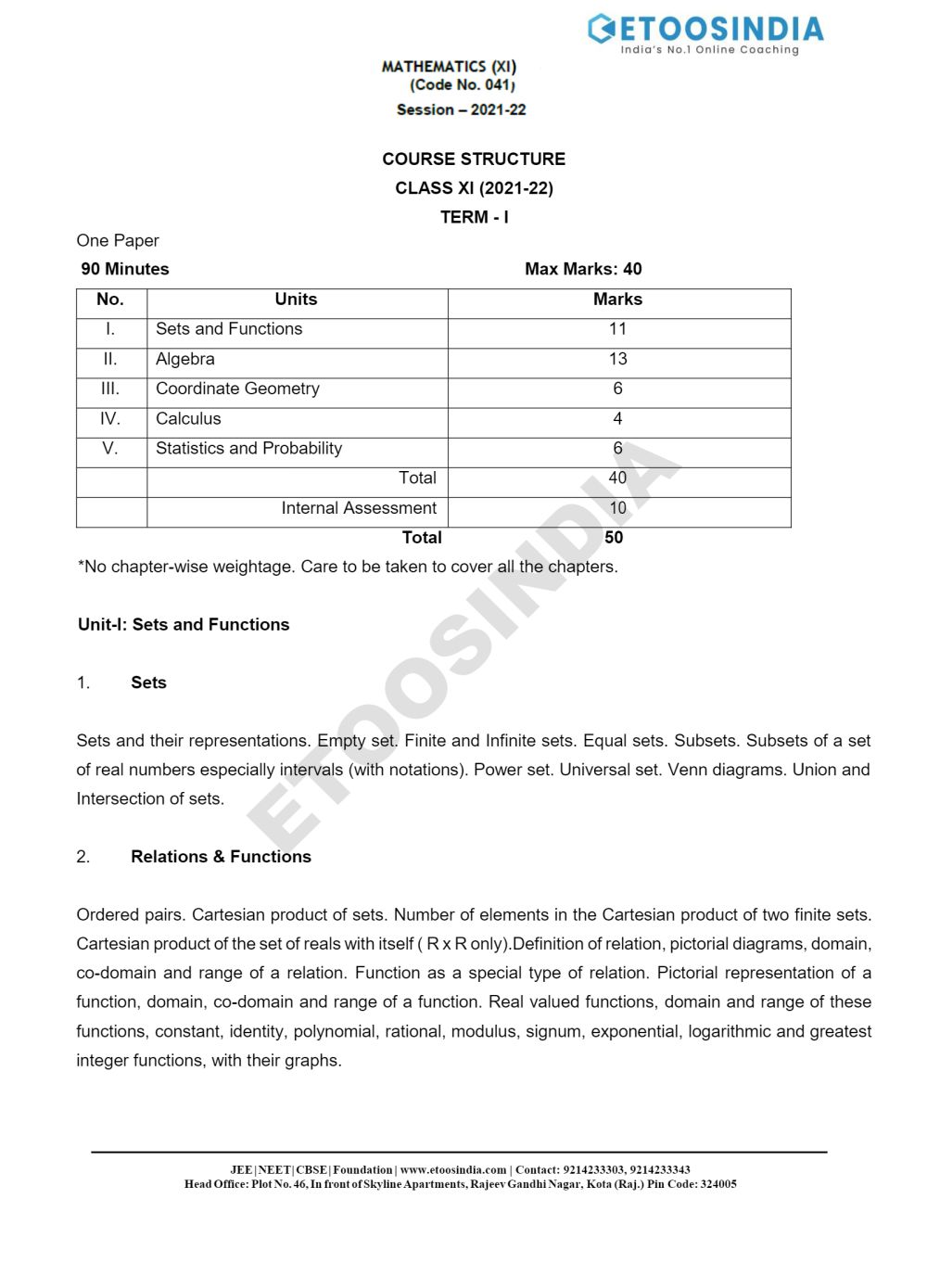 CBSE Class 11 Maths Syllabus Free Download Pdf 2023 EtoosIndia