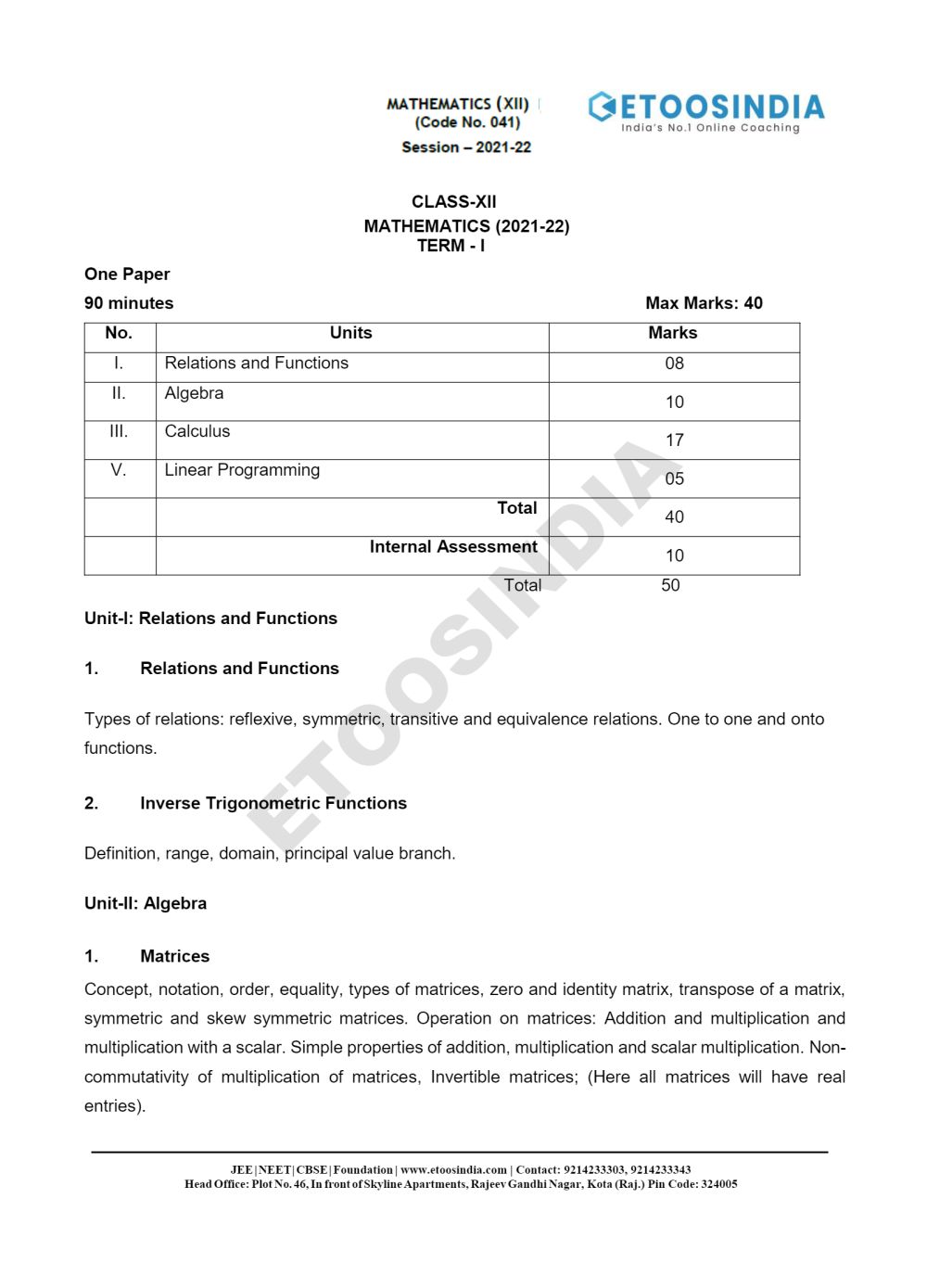 CBSE Board Exam Class 12 Maths Syllabus Free Pdf Download EtoosIndia